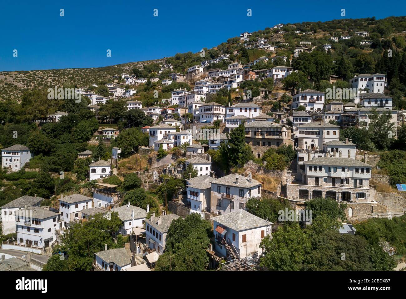 Aerial view of Makrinitsa traditional greek village on Pelion mountain ...