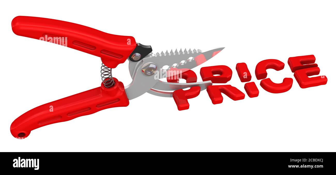 Price reduction concept. Pruner cuts red word PRICE. Isolated. 3D ...