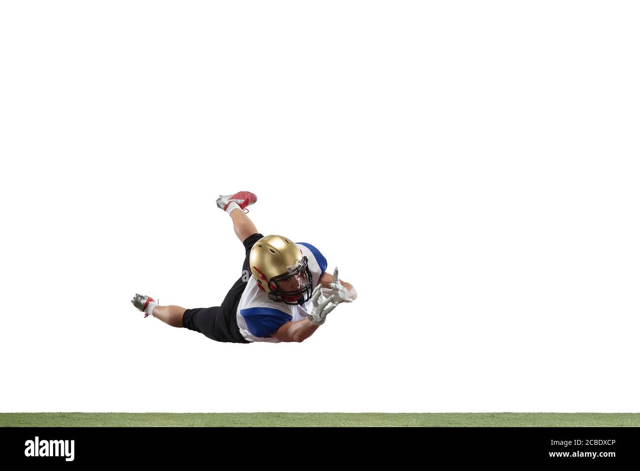 In jump, flight. American football player isolated on white studio ...