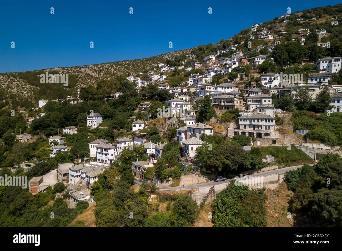 Aerial view of Makrinitsa traditional greek village on Pelion mountain ...