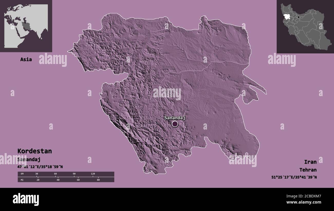 Shape of Kordestan, province of Iran, and its capital. Distance scale ...