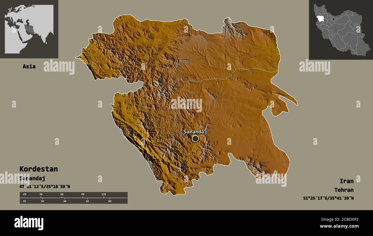 Shape of Kordestan, province of Iran, and its capital. Distance scale ...