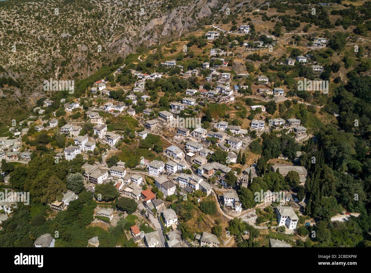 Aerial view of Makrinitsa traditional greek village on Pelion mountain ...