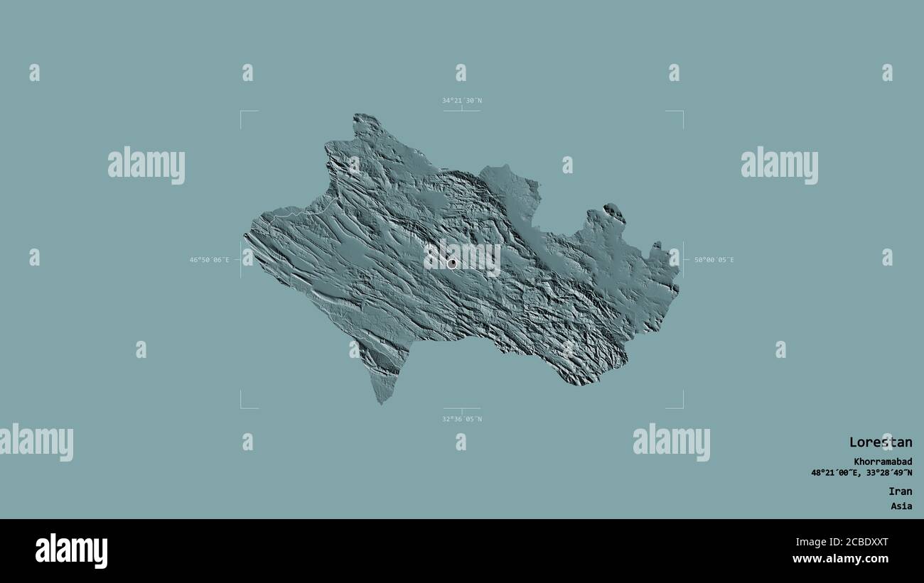 Area of Lorestan, province of Iran, isolated on a solid background in a ...