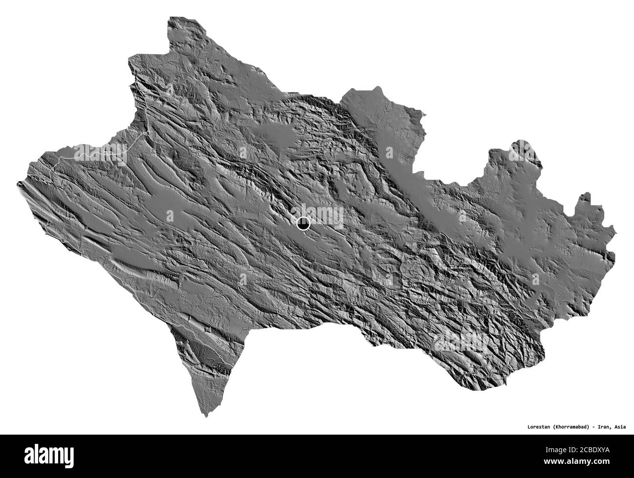 Shape of Lorestan, province of Iran, with its capital isolated on white ...
