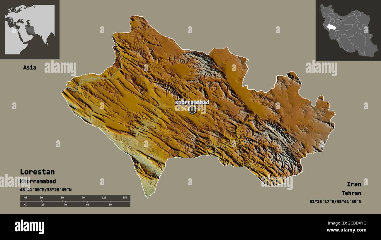 Shape of Lorestan, province of Iran, and its capital. Distance scale ...