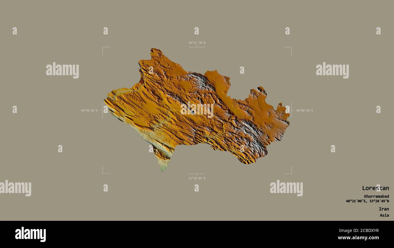 Area of Lorestan, province of Iran, isolated on a solid background in a ...