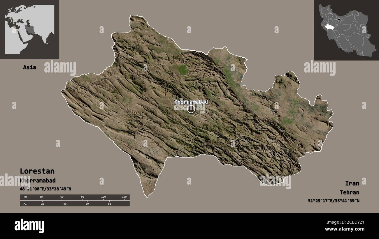 Shape of Lorestan, province of Iran, and its capital. Distance scale ...