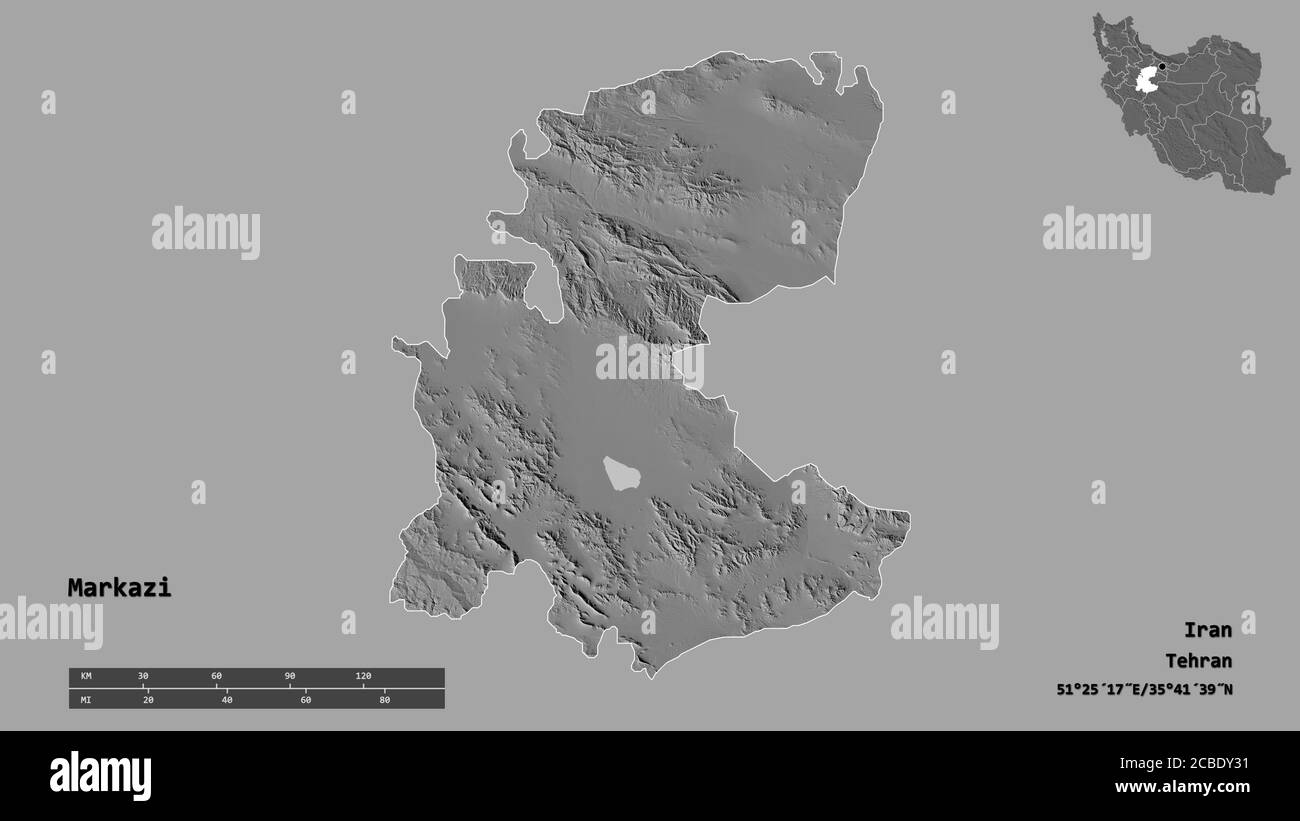 Shape of Markazi, province of Iran, with its capital isolated on solid ...
