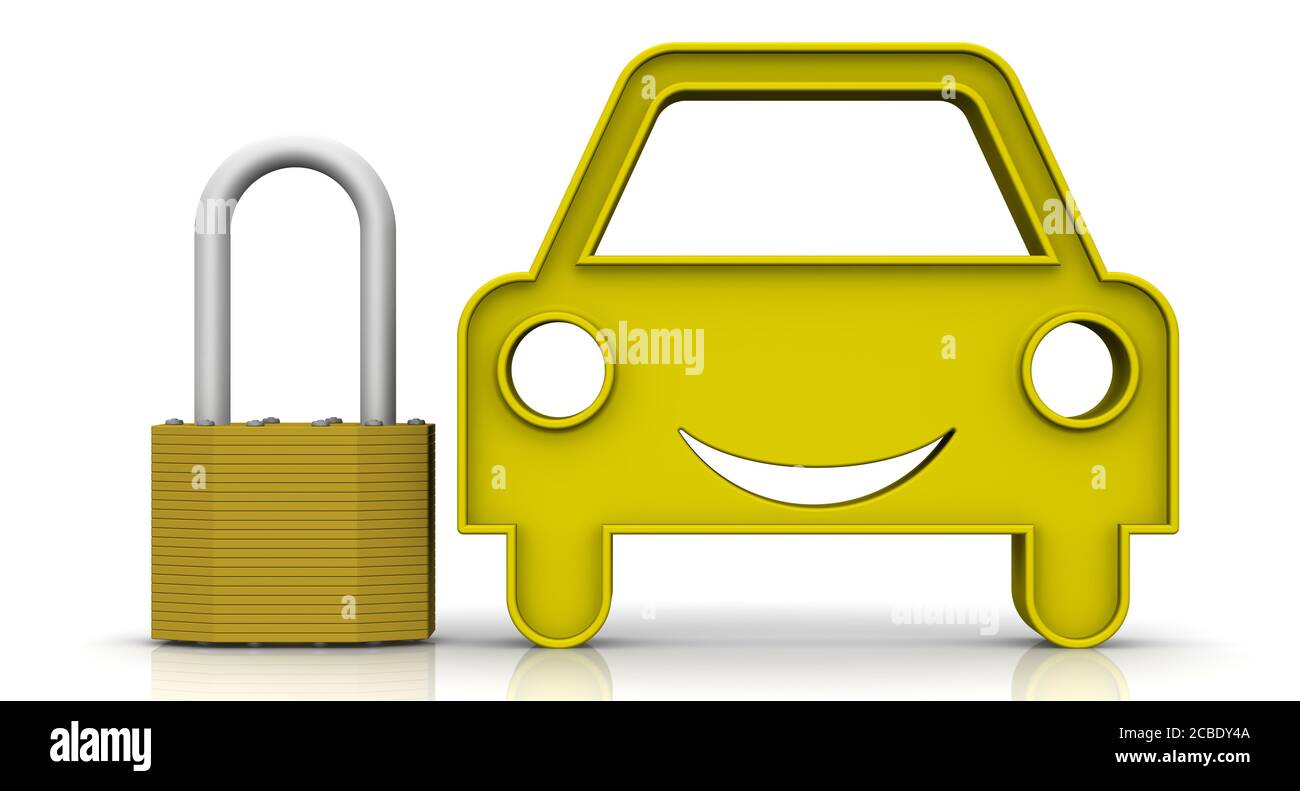 Protection of the car. Symbol of the car and padlock on a white surface ...