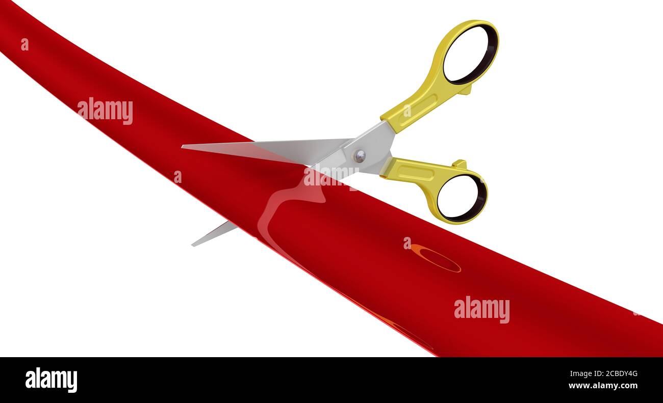 Scissors cut the red tape. Gold scissors cut the red tape. Isolated ...