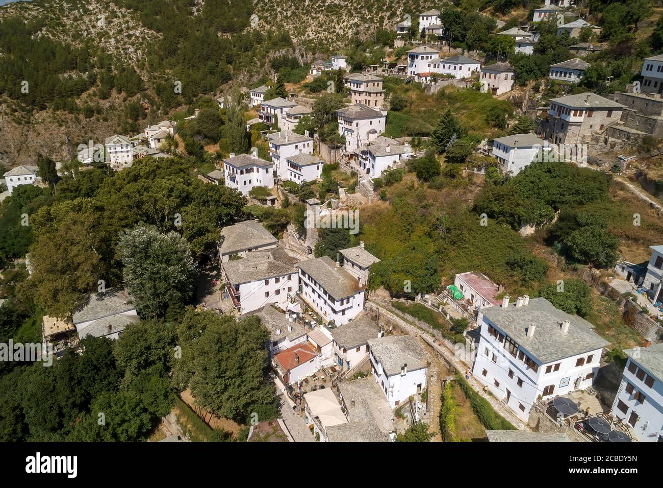 Aerial view of Makrinitsa traditional greek village on Pelion mountain ...