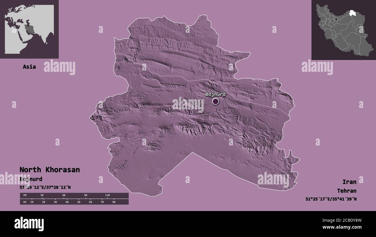 Shape of North Khorasan, province of Iran, and its capital. Distance ...