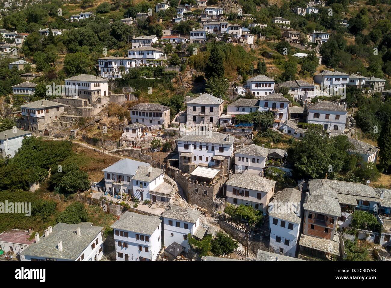 Aerial view of Makrinitsa traditional greek village on Pelion mountain ...