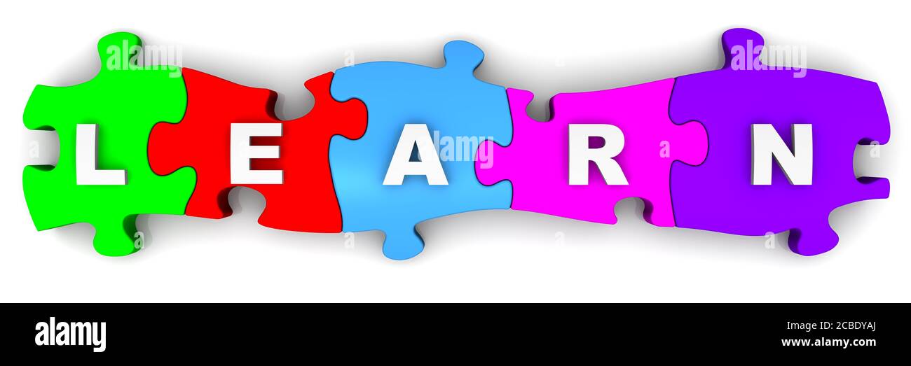 Learn. Labeled puzzles parts in a row. The white word LEARN composed ...