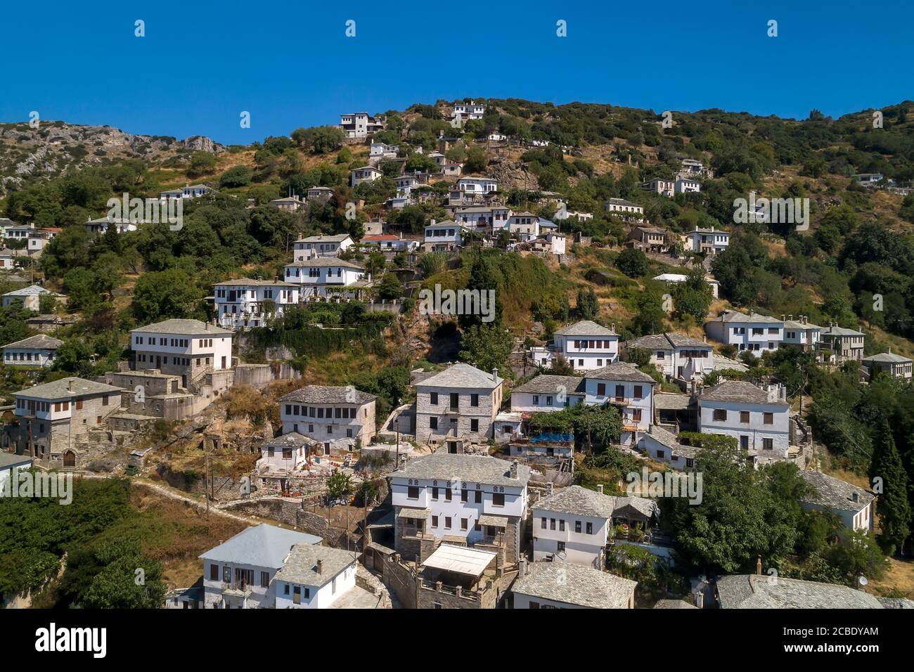 Aerial view of Makrinitsa traditional greek village on Pelion mountain ...