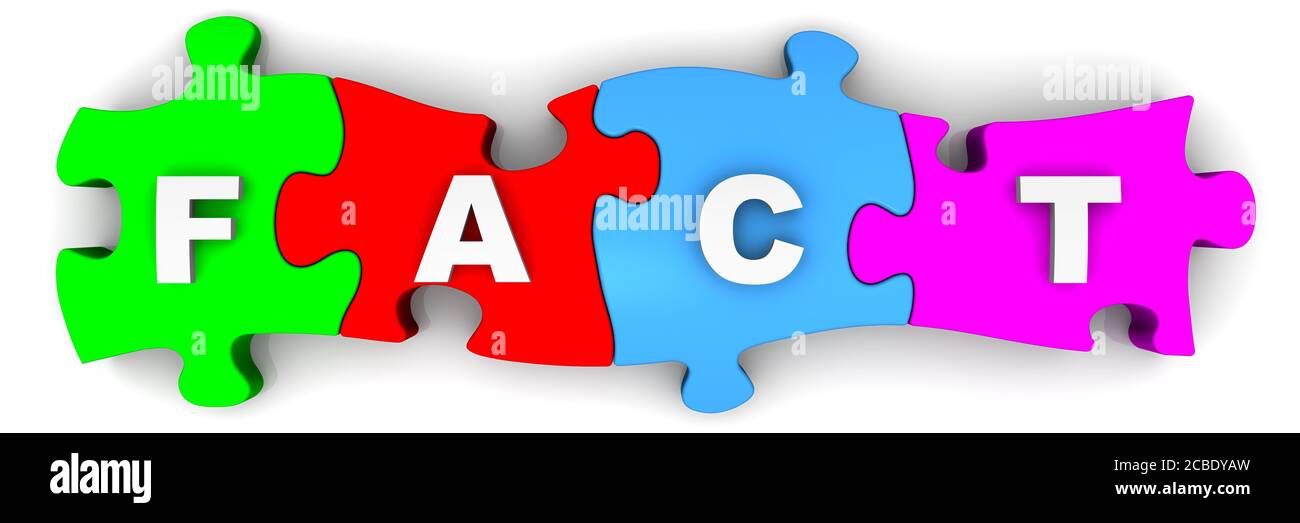 Fact. Labeled puzzles parts in a row. The white word FACT composed from ...