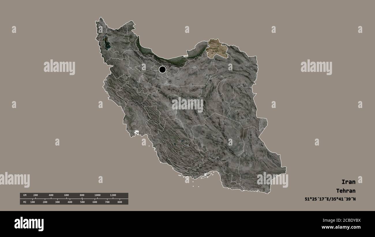 Desaturated shape of Iran with its capital, main regional division and ...