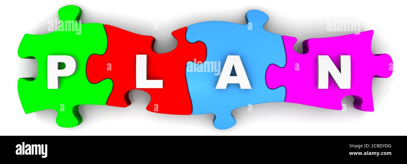 Plan. Word on the multicolored puzzles. The white word PLAN composed ...