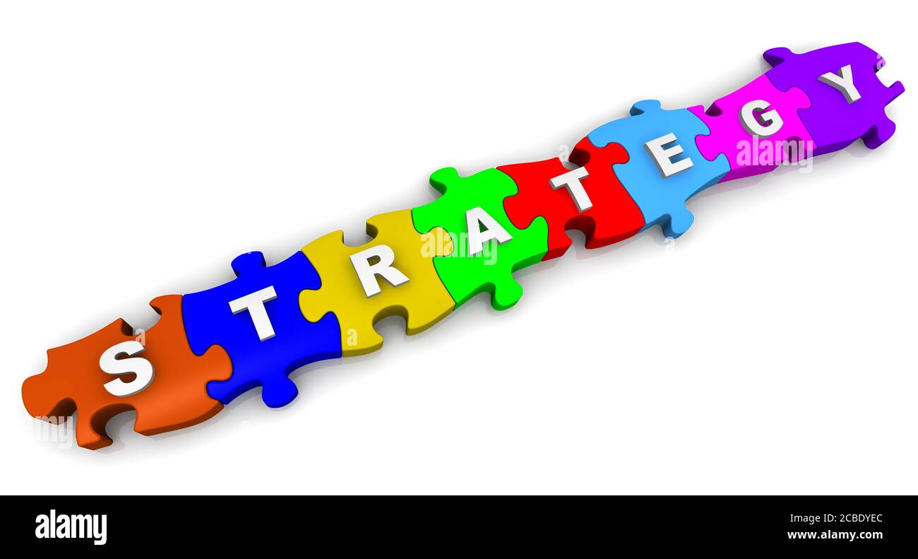 Strategy. Labeled puzzles. The white word STRATEGY composed from ...