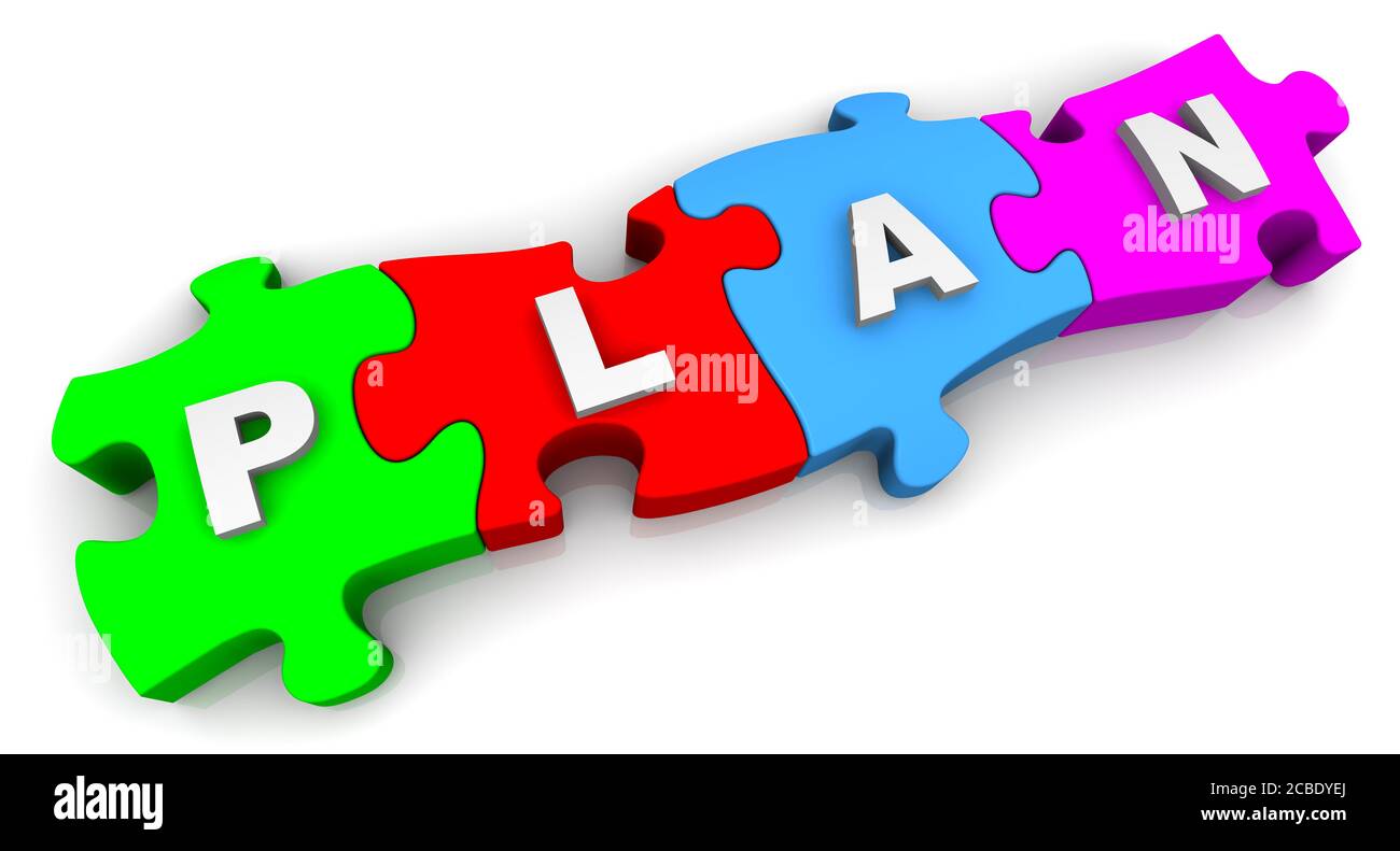 Plan. Word on the multicolored puzzles. The white word PLAN composed ...