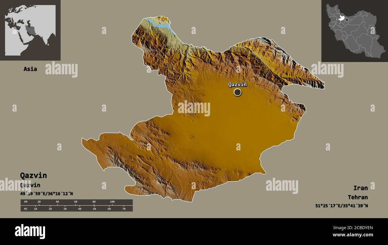 Shape of Qazvin, province of Iran, and its capital. Distance scale ...