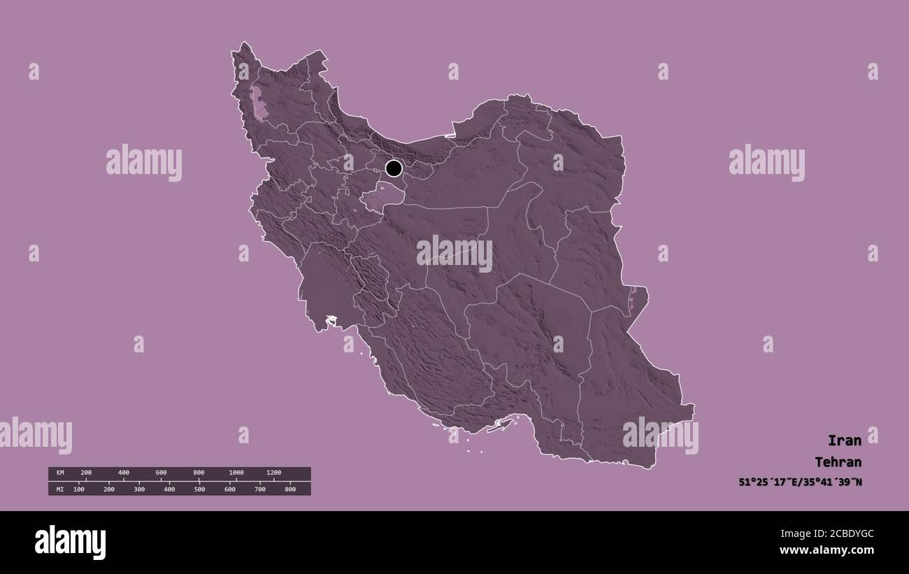 Desaturated shape of Iran with its capital, main regional division and ...