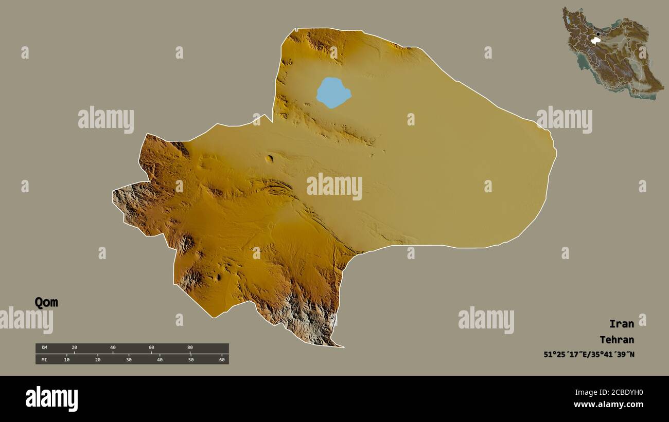 Shape of Qom, province of Iran, with its capital isolated on solid ...