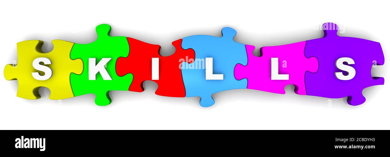 The word SKILLS made up of multi-colored puzzle elements. Isolated. 3D ...