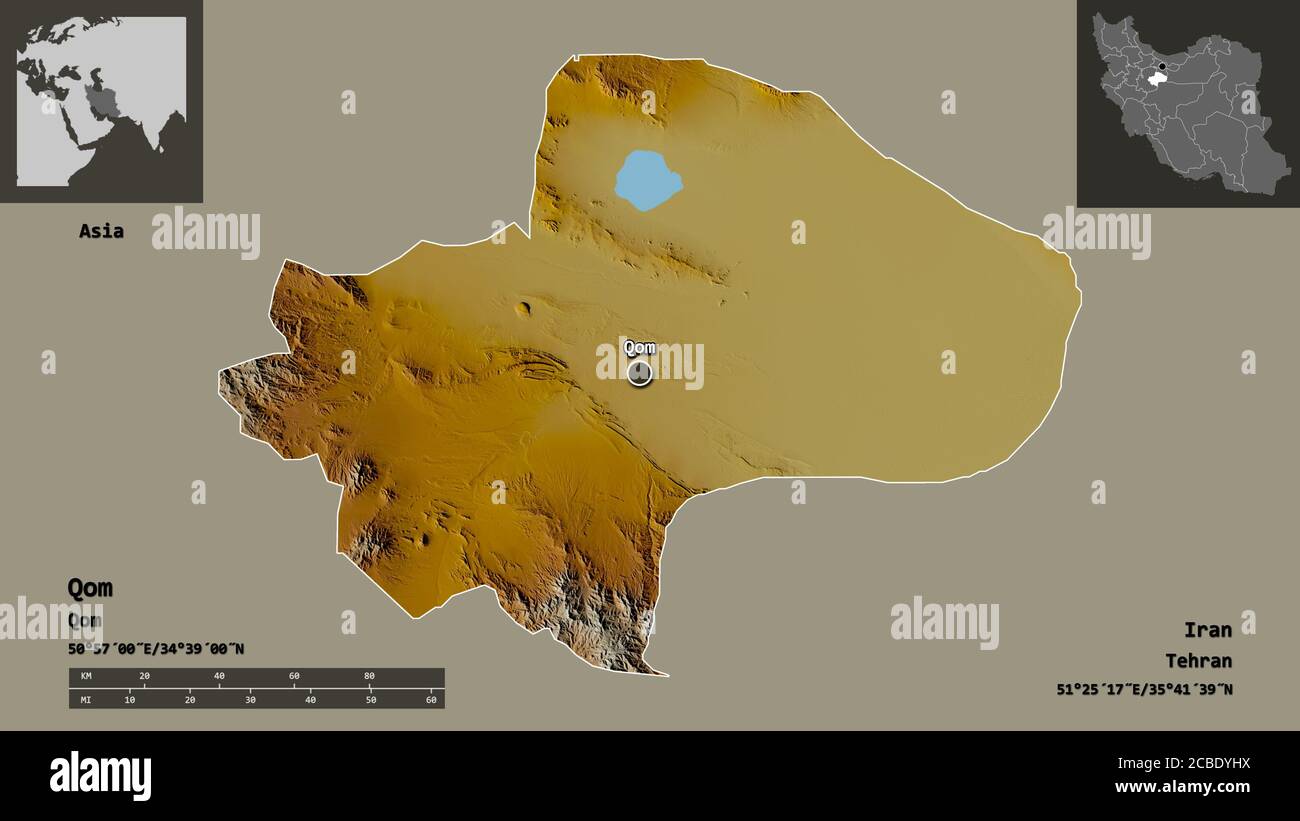 Shape of Qom, province of Iran, and its capital. Distance scale ...