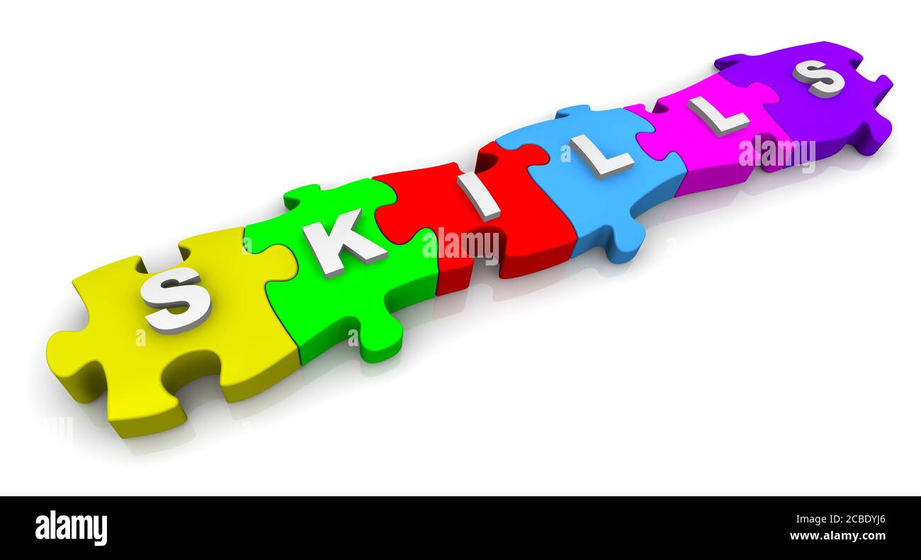 The word SKILLS made up of multi-colored puzzle elements. Isolated. 3D ...
