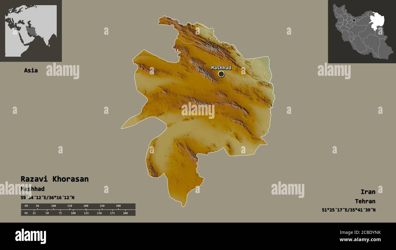 Shape of Razavi Khorasan, province of Iran, and its capital. Distance ...