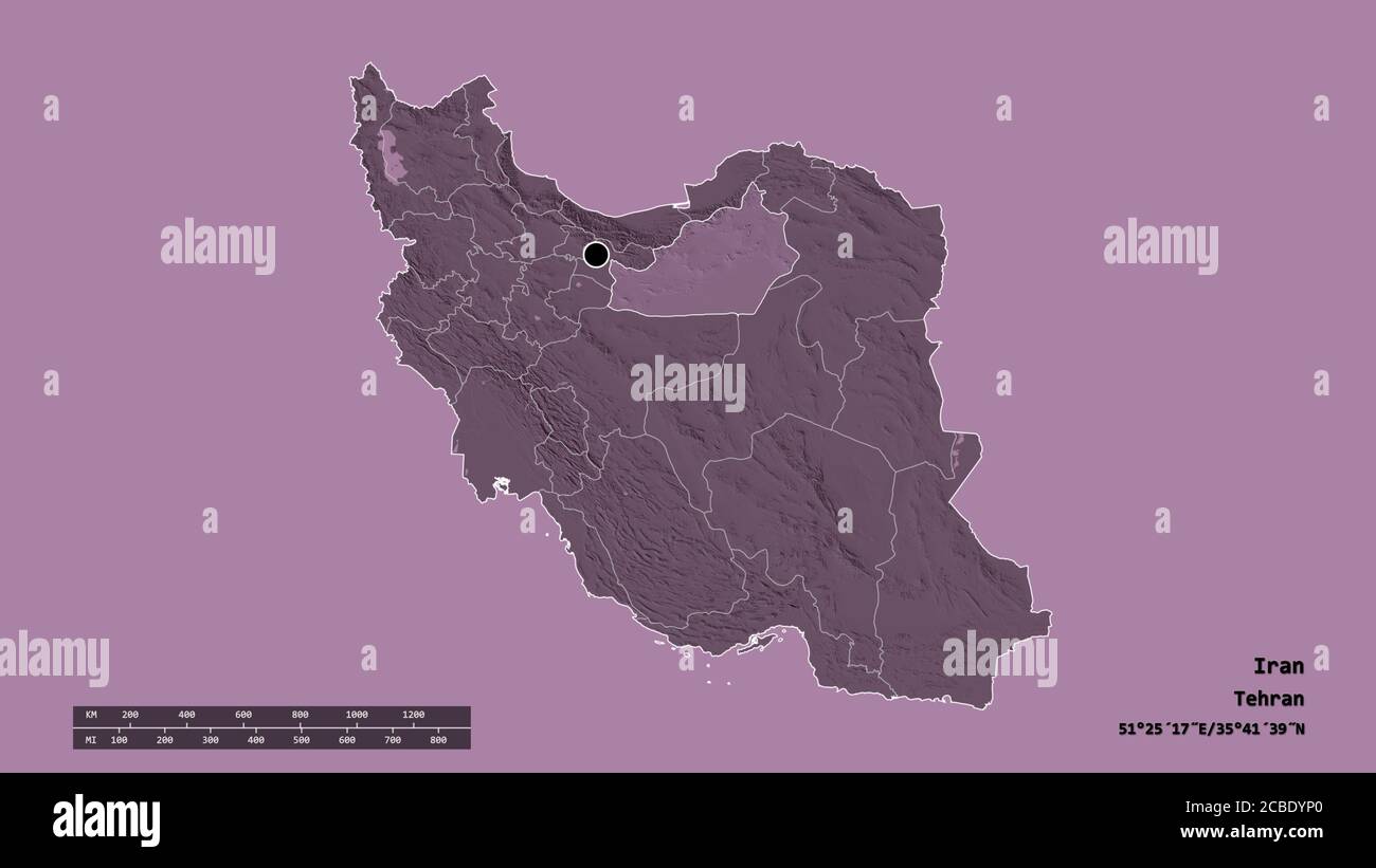 Desaturated shape of Iran with its capital, main regional division and ...