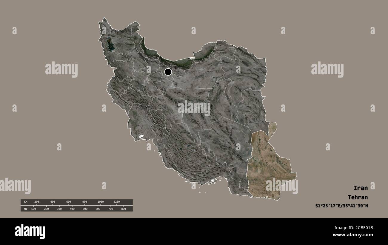 Desaturated shape of Iran with its capital, main regional division and ...