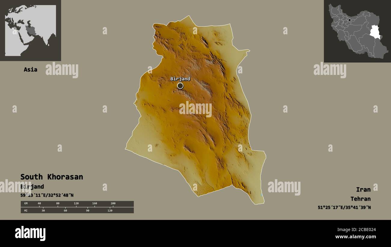 Shape of South Khorasan, province of Iran, and its capital. Distance ...