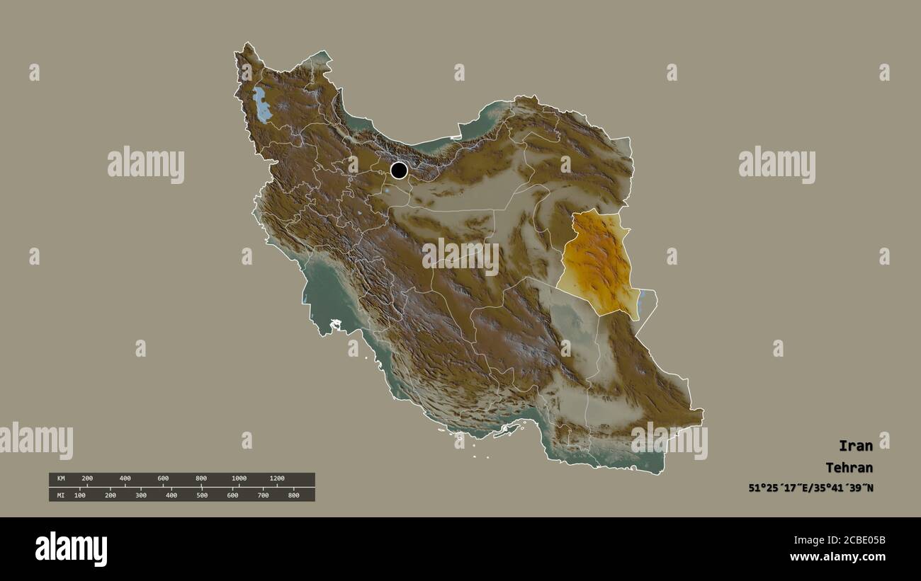 Desaturated shape of Iran with its capital, main regional division and ...