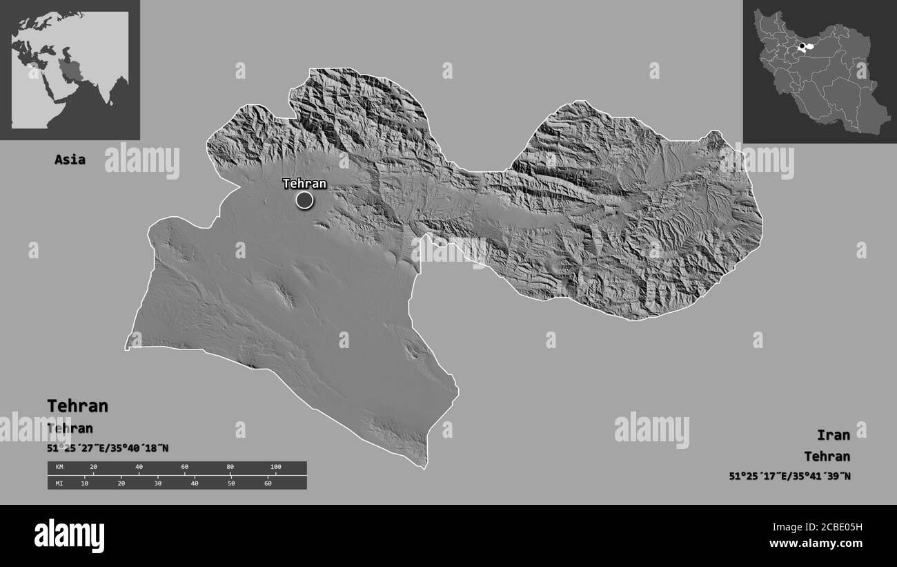 Shape of Tehran, province of Iran, and its capital. Distance scale ...