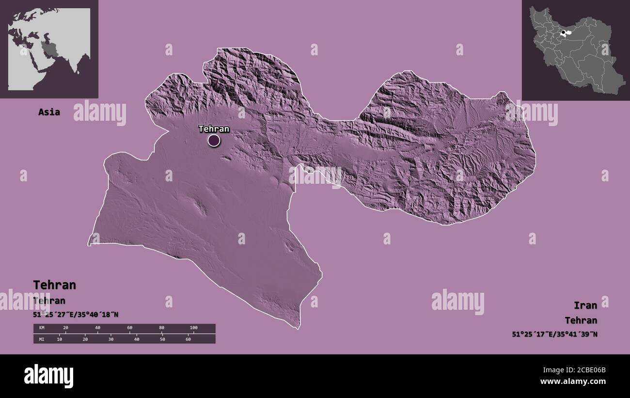 Shape of Tehran, province of Iran, and its capital. Distance scale ...