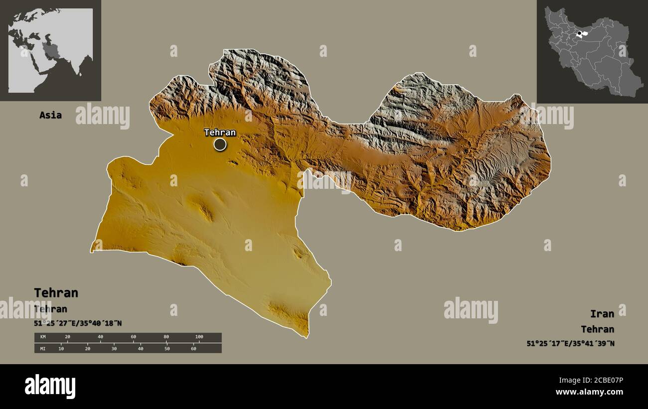 Shape of Tehran, province of Iran, and its capital. Distance scale ...