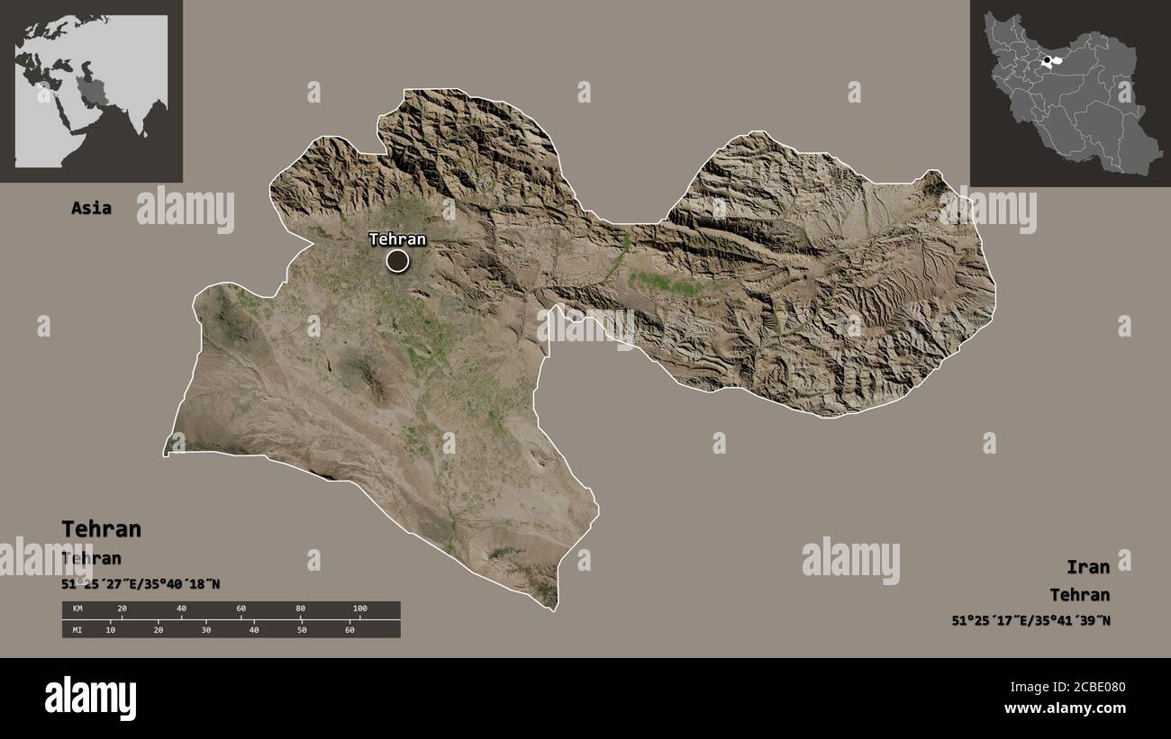 Shape of Tehran, province of Iran, and its capital. Distance scale ...