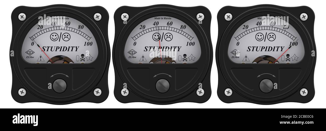 Indicator of stupidity. Set of black analog indicators are showing the ...