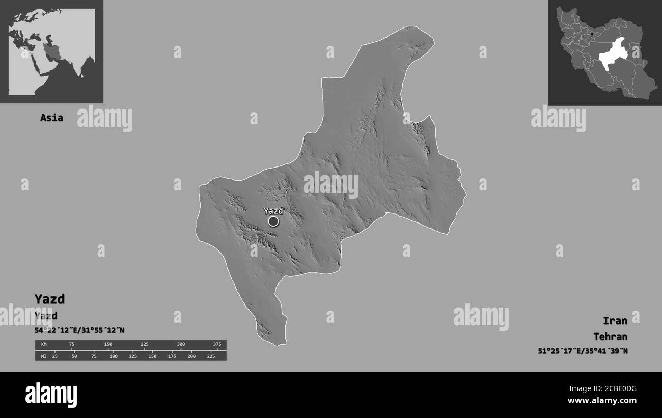 Shape of Yazd, province of Iran, and its capital. Distance scale ...