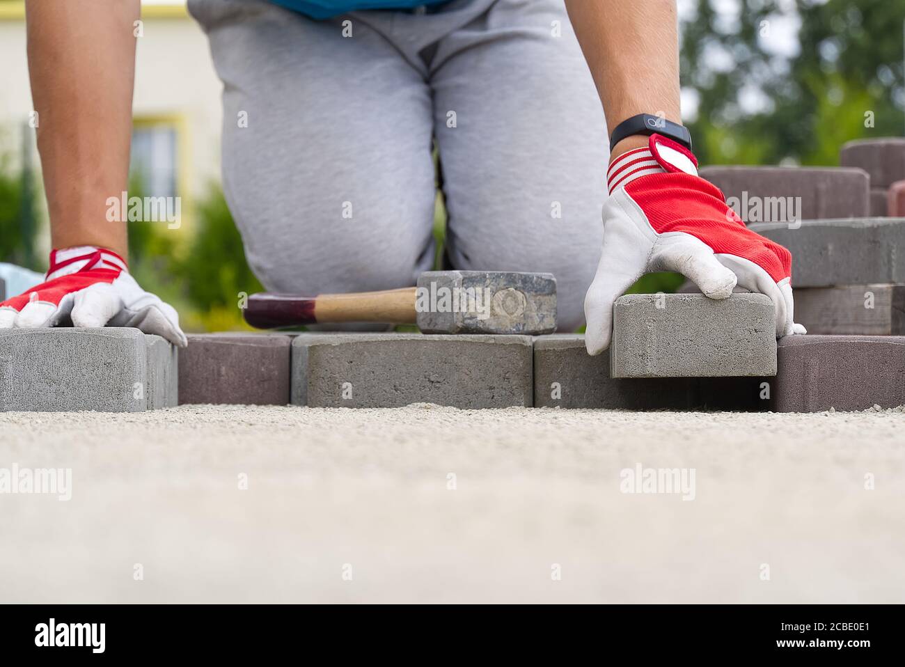 worker laying paving stones. stone pavement, construction worker laying ...