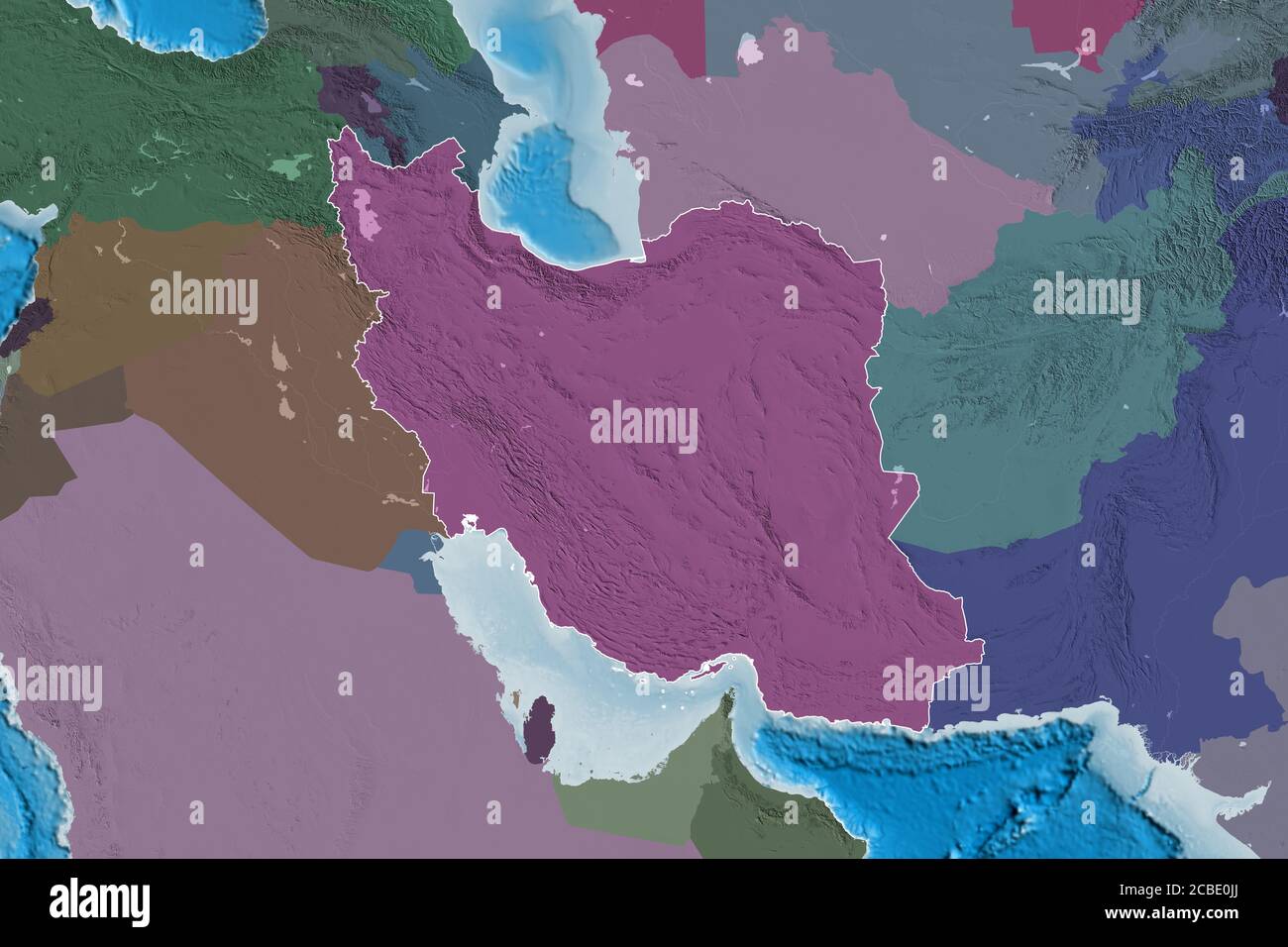 Extended area of outlined Iran. Colored elevation map. 3D rendering ...
