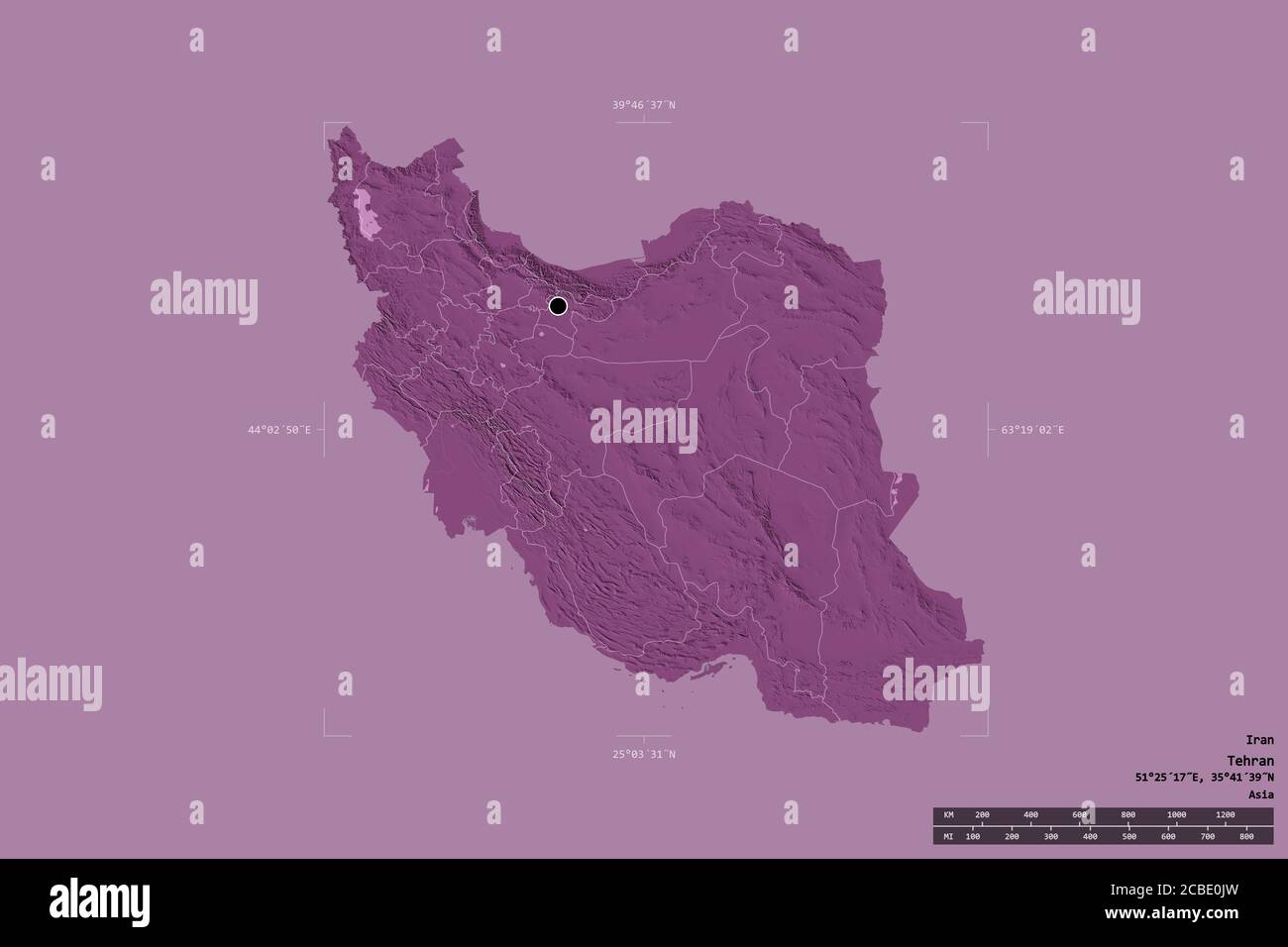 Area of Iran isolated on a solid background in a georeferenced bounding ...