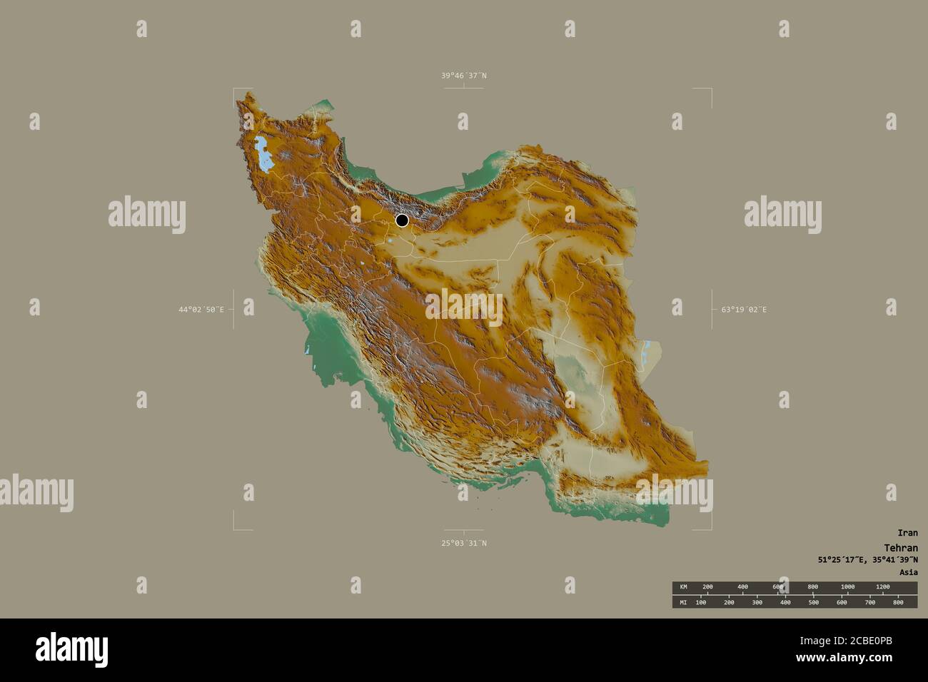 Area of Iran isolated on a solid background in a georeferenced bounding ...
