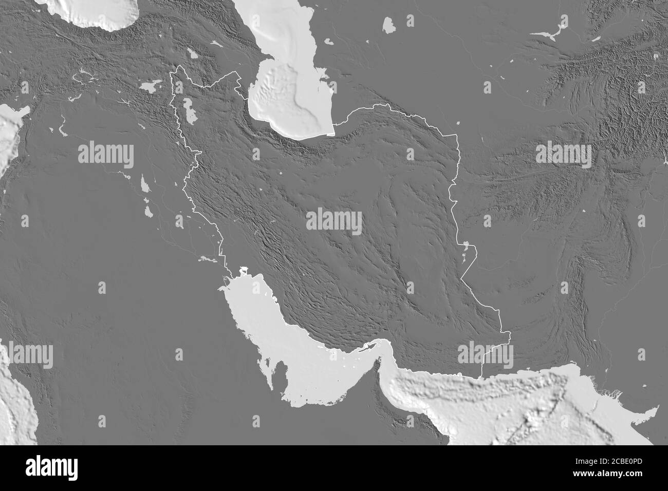 Extended area of outlined Iran. Bilevel elevation map. 3D rendering ...
