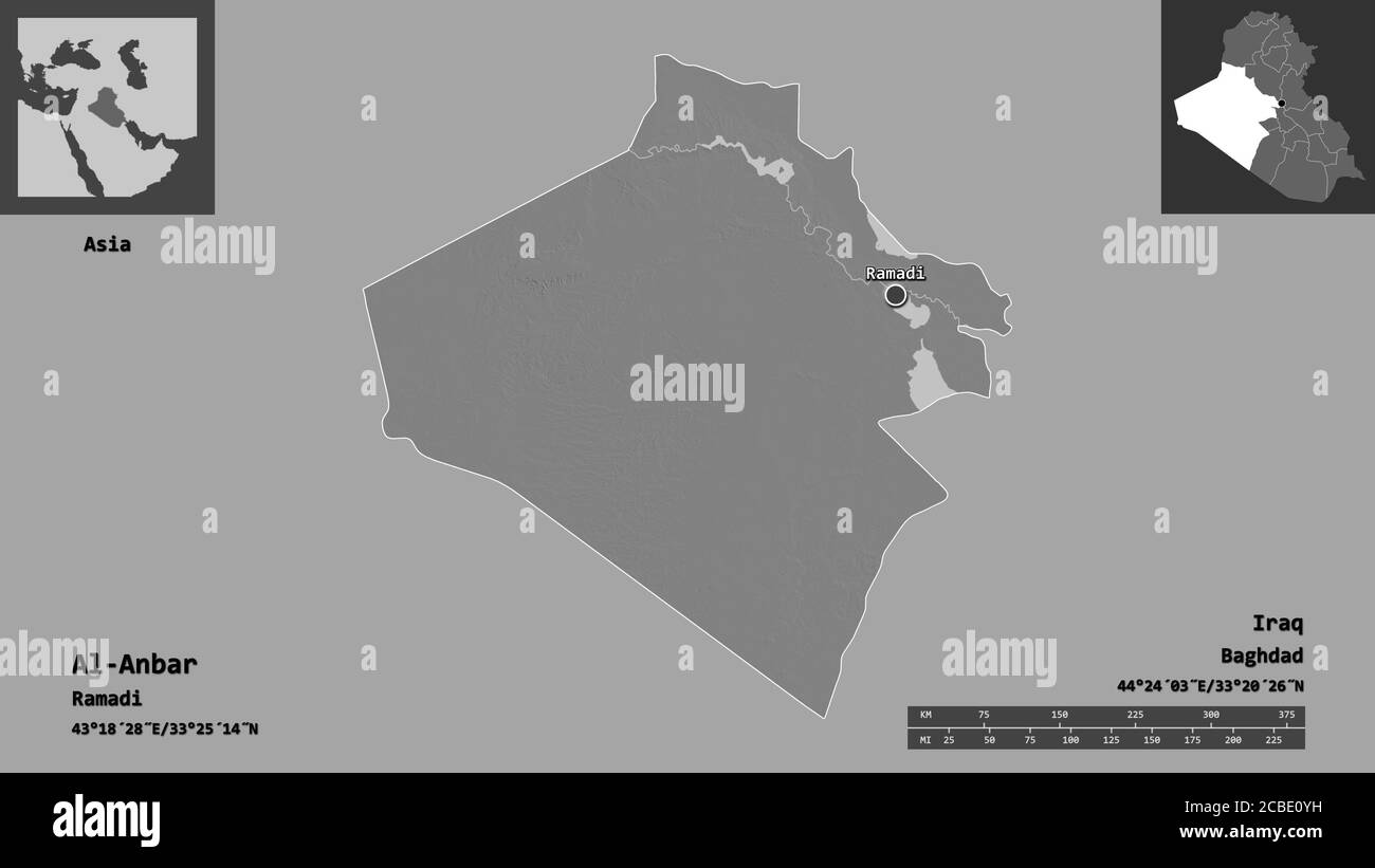 Shape of Al-Anbar, province of Iraq, and its capital. Distance scale ...