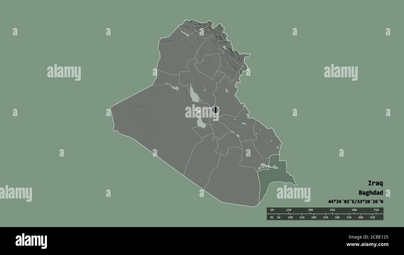 Desaturated shape of Iraq with its capital, main regional division and ...