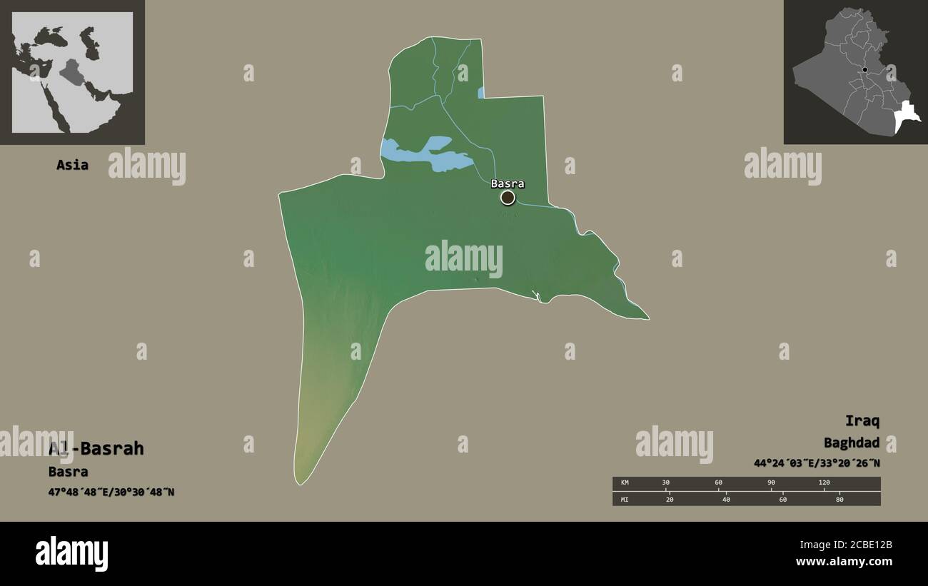 Shape of Al-Basrah, province of Iraq, and its capital. Distance scale ...
